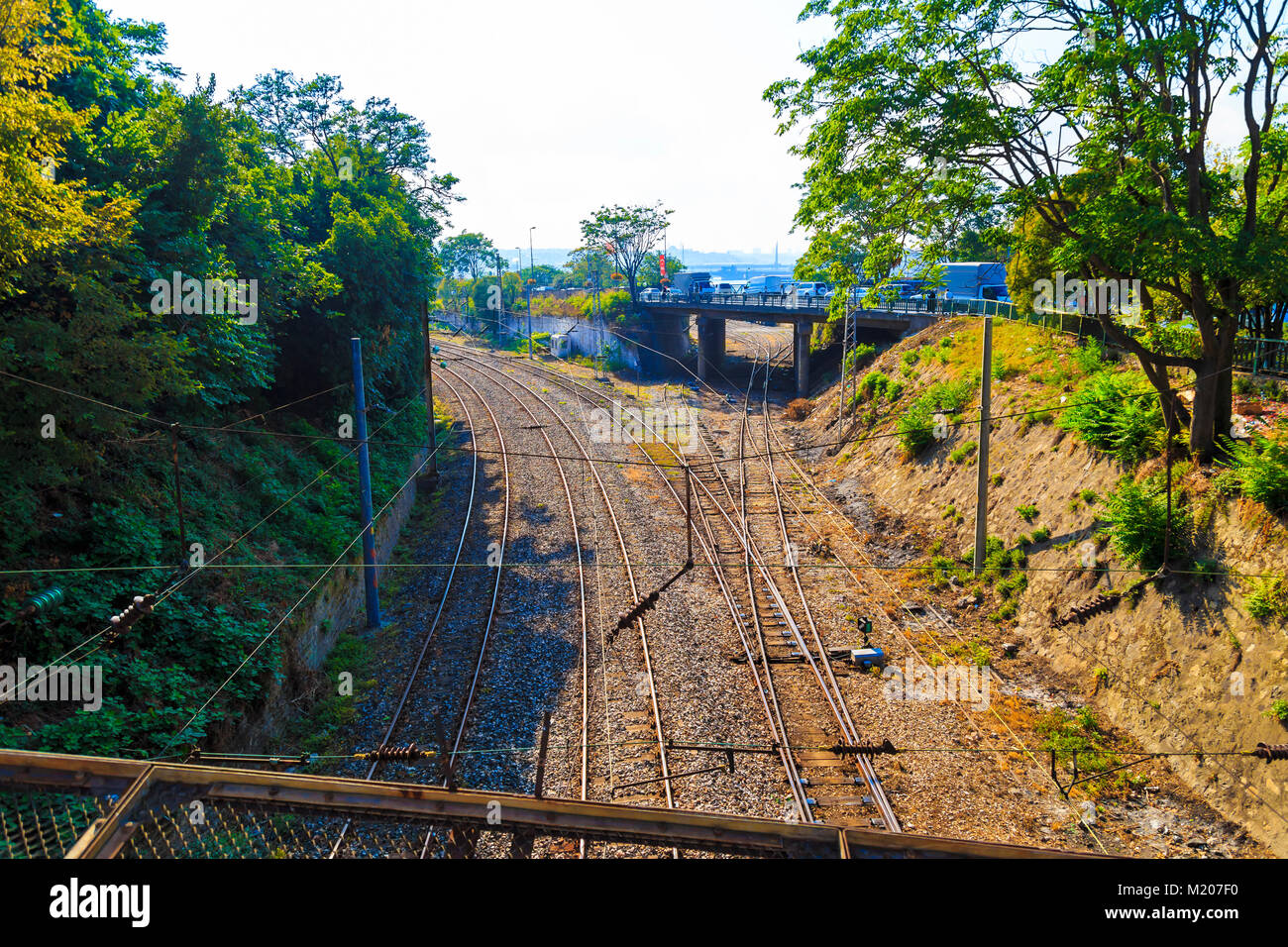 Railroad intersection view from sunny day Stock Photo - Alamy