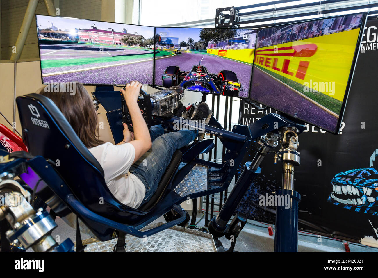 Istanbul, Turkey - April 21, 2017: Formula 1 driving simulation view ...