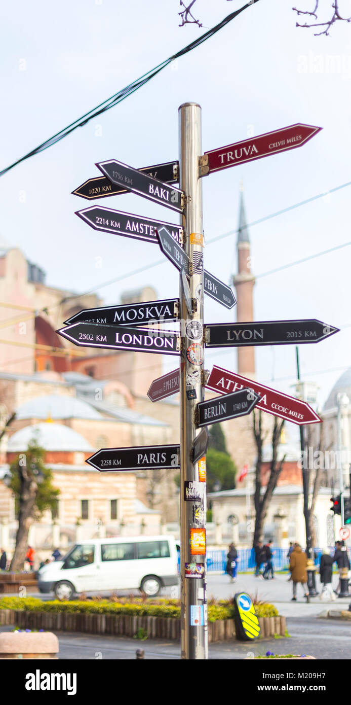 Istanbul, Turkey; March 03, 2016: Toristic Signs of several cities from ...