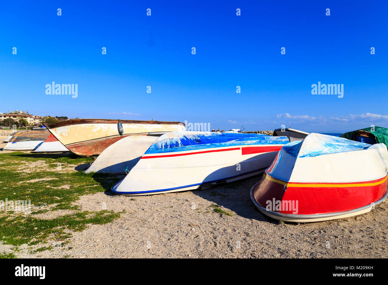 Fishing boats view in a line Stock Photo - Alamy