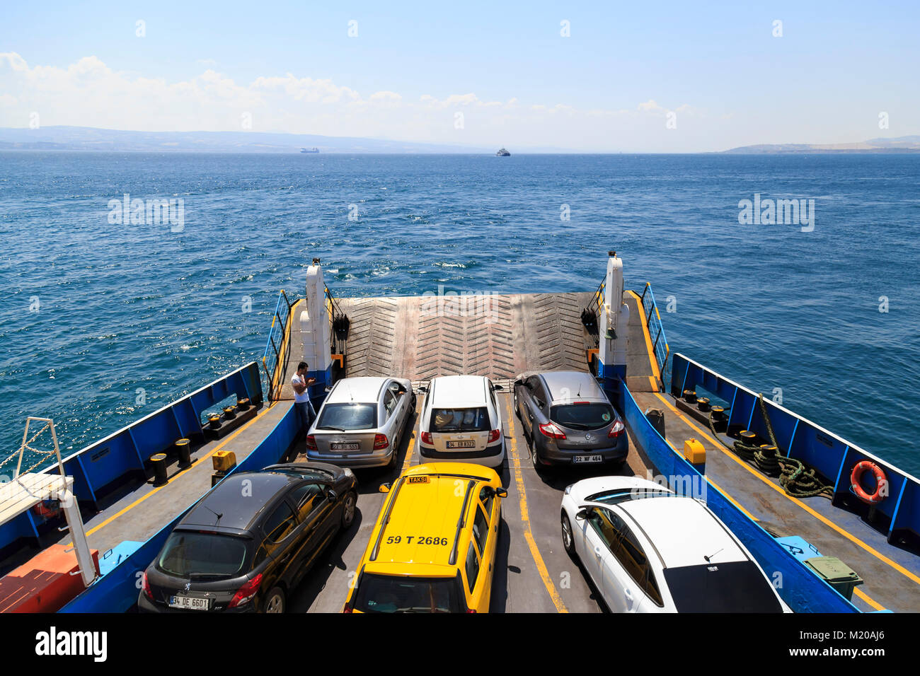 Bozcaada, Turkey: August 10, 2016: Car carrier city ferry on the sea ...