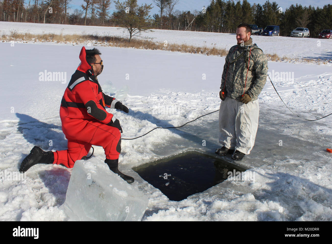 A Soldier participates in cold-water immersion training at an ice ...