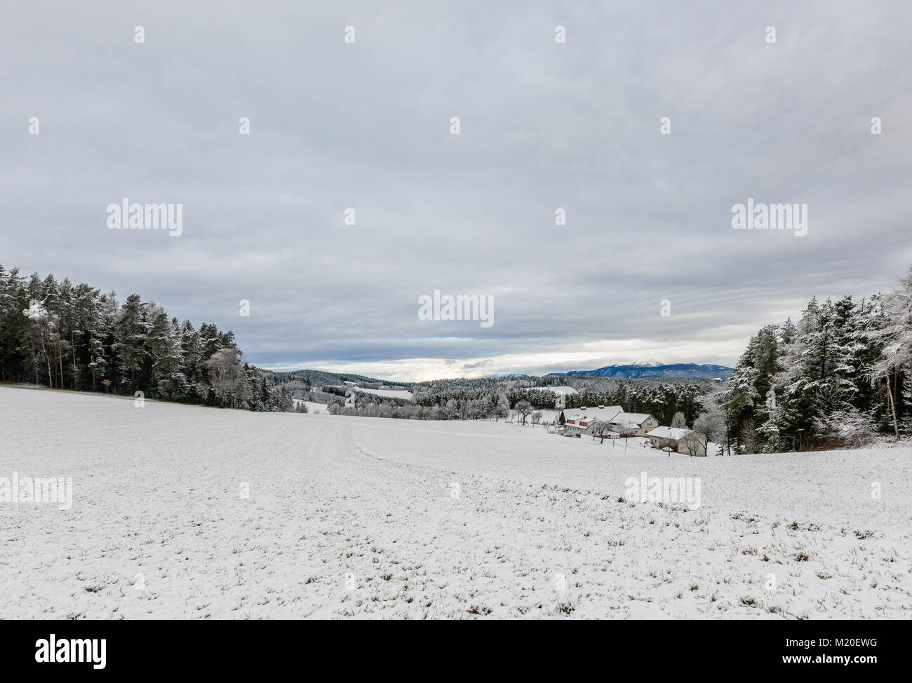 Rural idyllic bright color winter landscape countryside scene over a ...