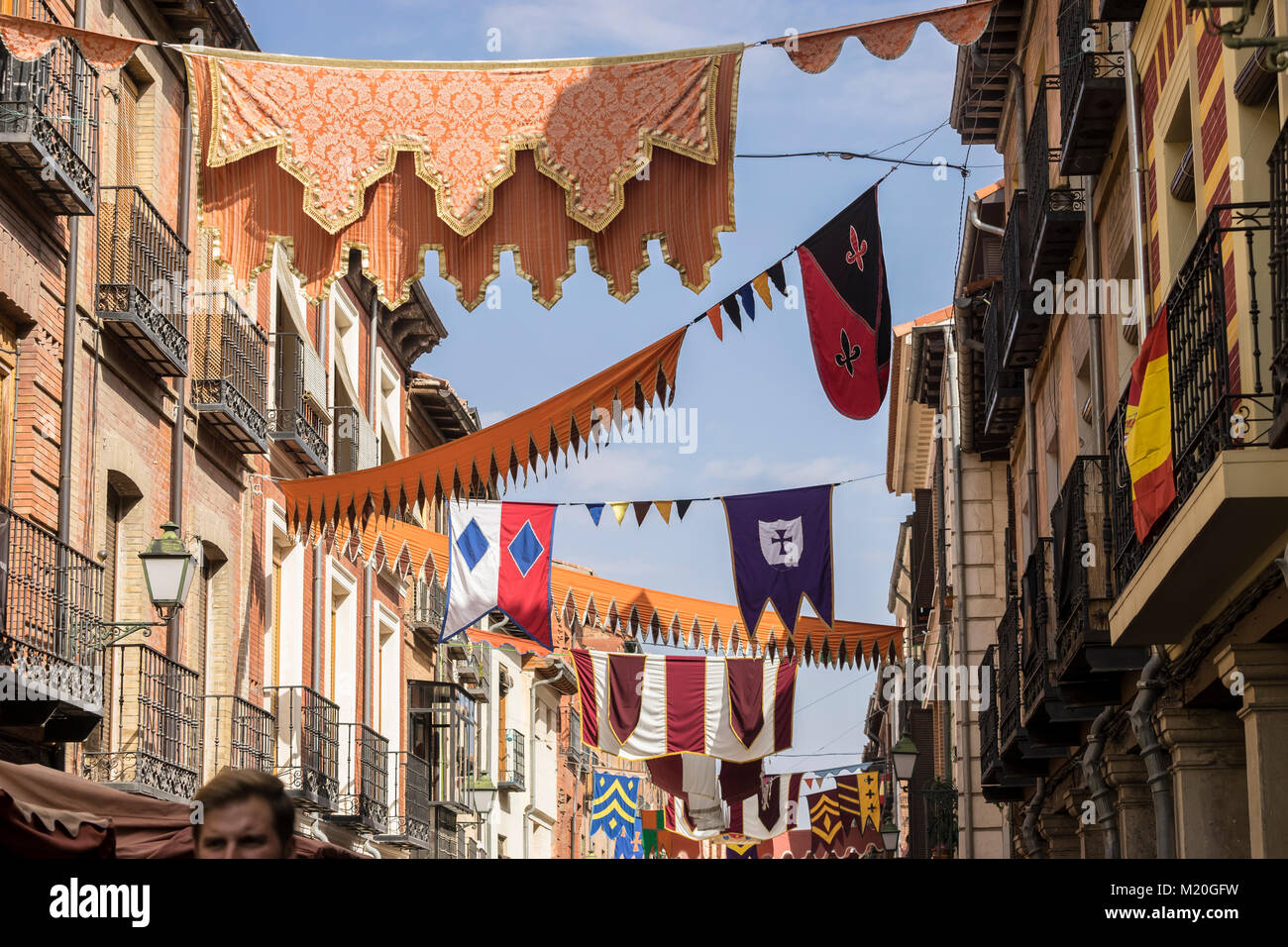 Flags, traditional medieval festival in the streets of Alcala de ...