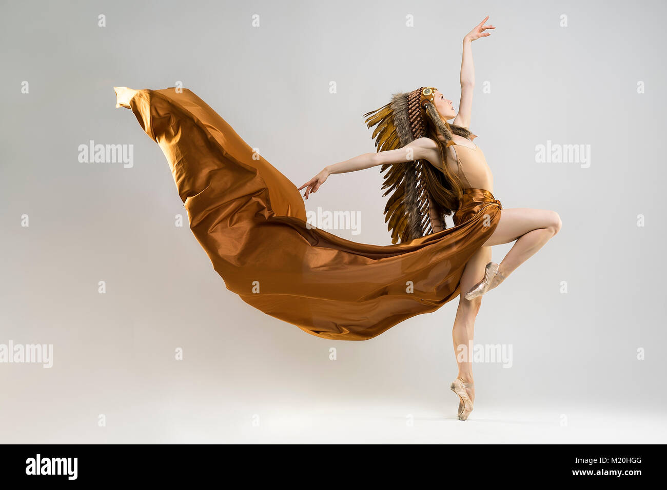 Wild, beautiful american indian woman with big plume of brown feathers ...