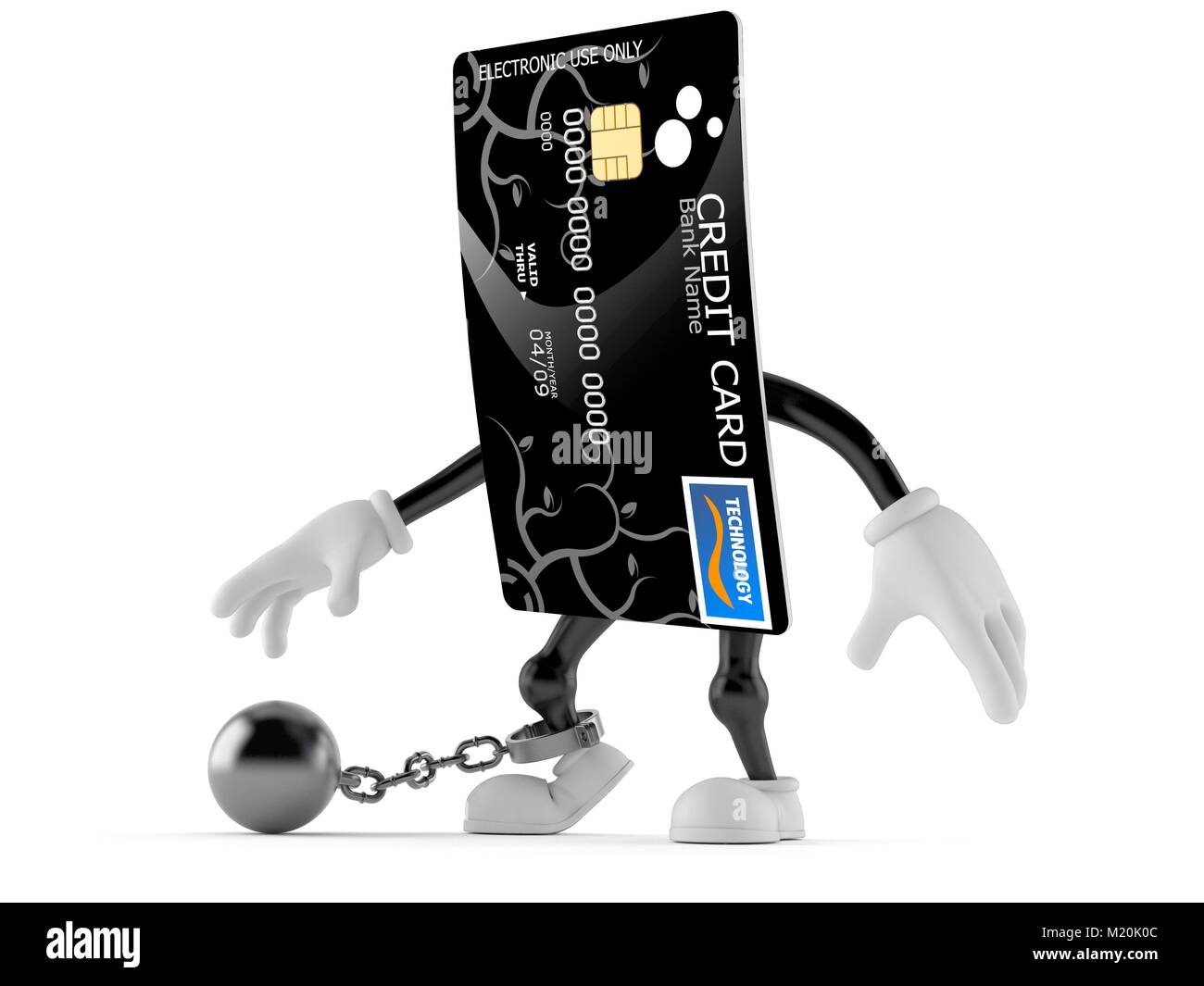 Credit card character with prison ball isolated on white background ...