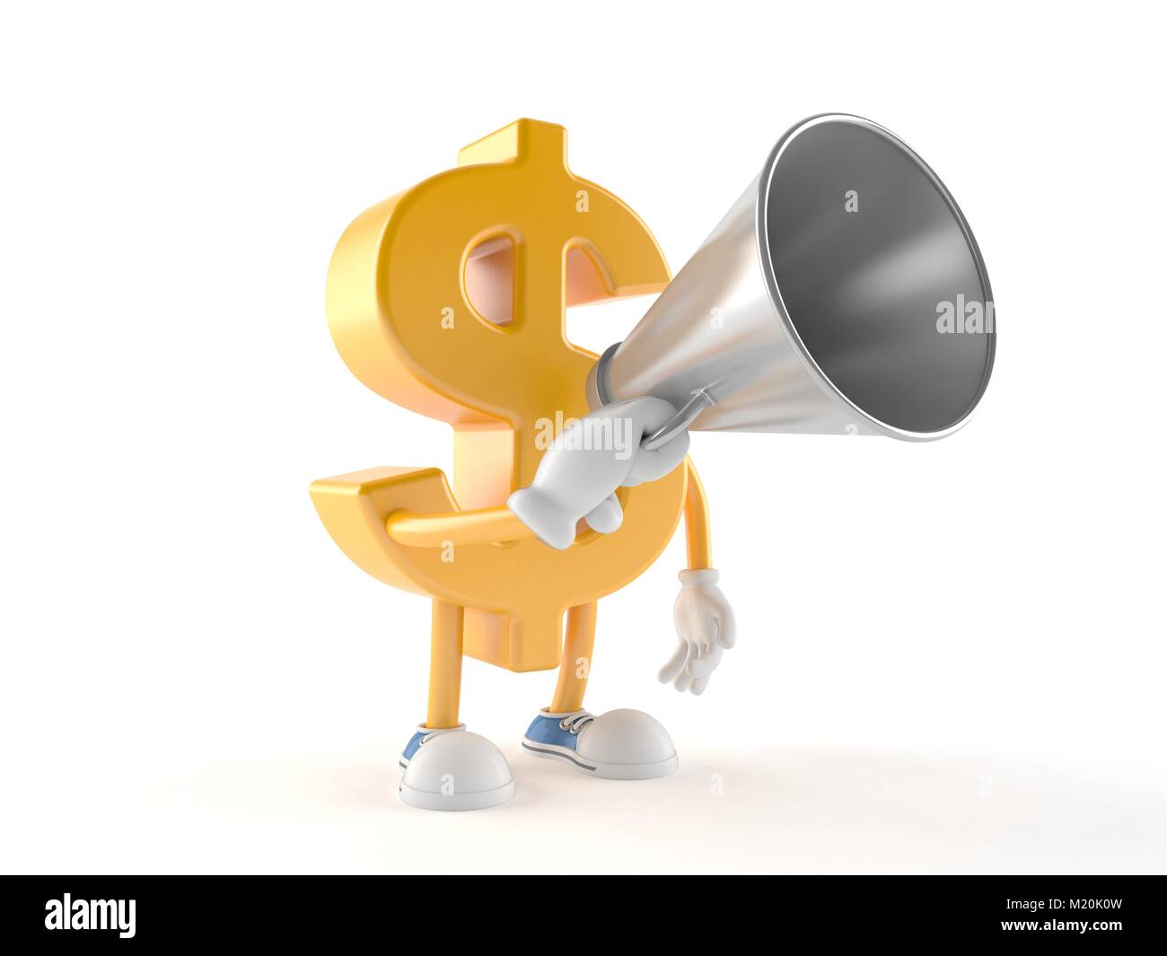 Dollar character speaking through a megaphone isolated on white ...