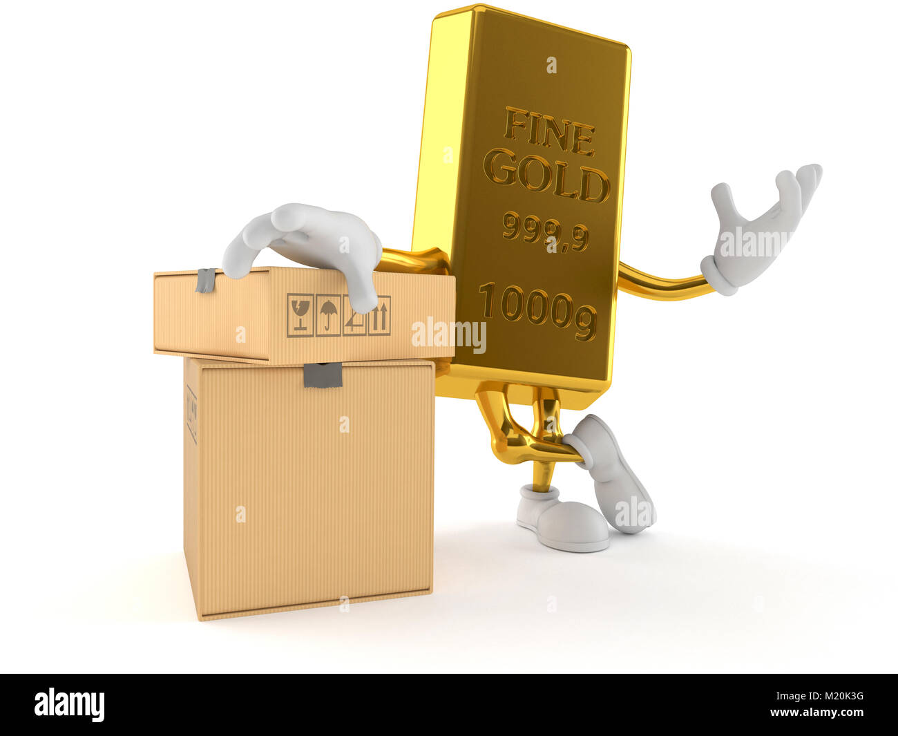 Gold character with stack of boxes isolated on white background Stock ...