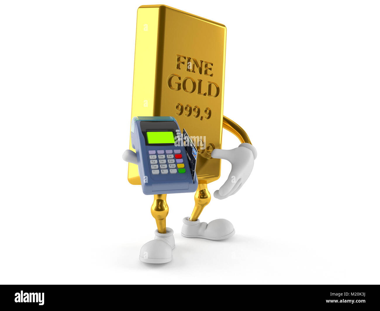Gold character holding a credit card reader isolated on white ...