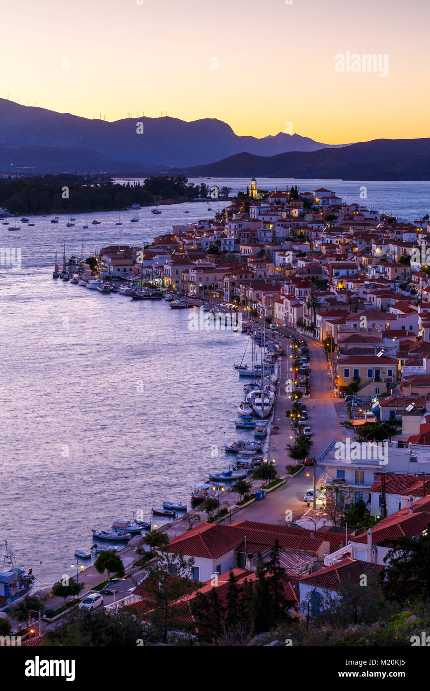 View of Poros island and mountains of Peloponnese peninsula in Greece ...