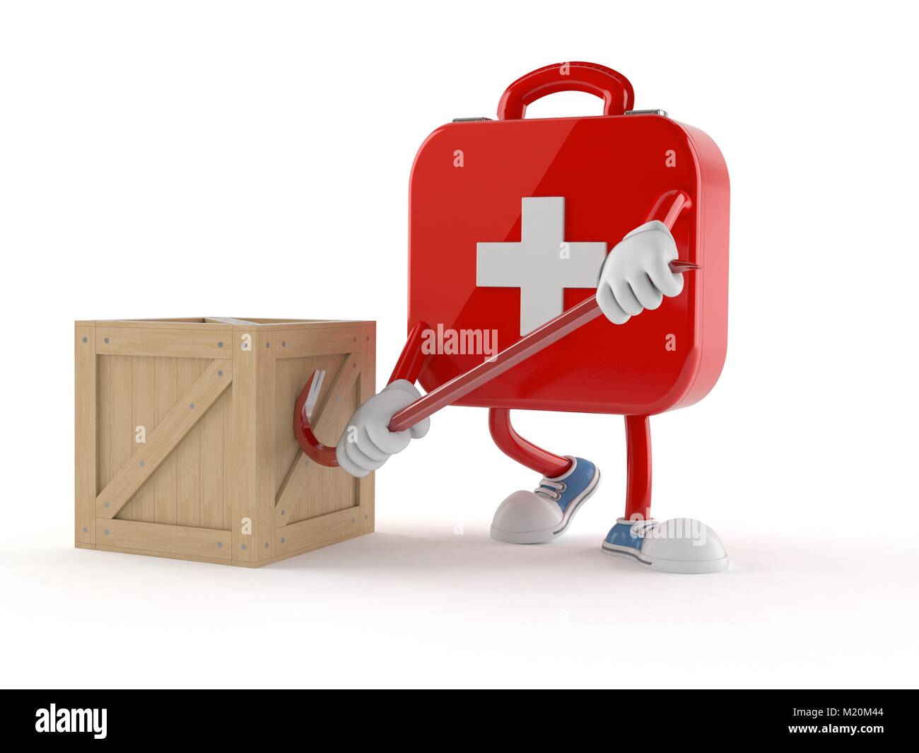 First aid kit character with crate isolated on white background Stock ...