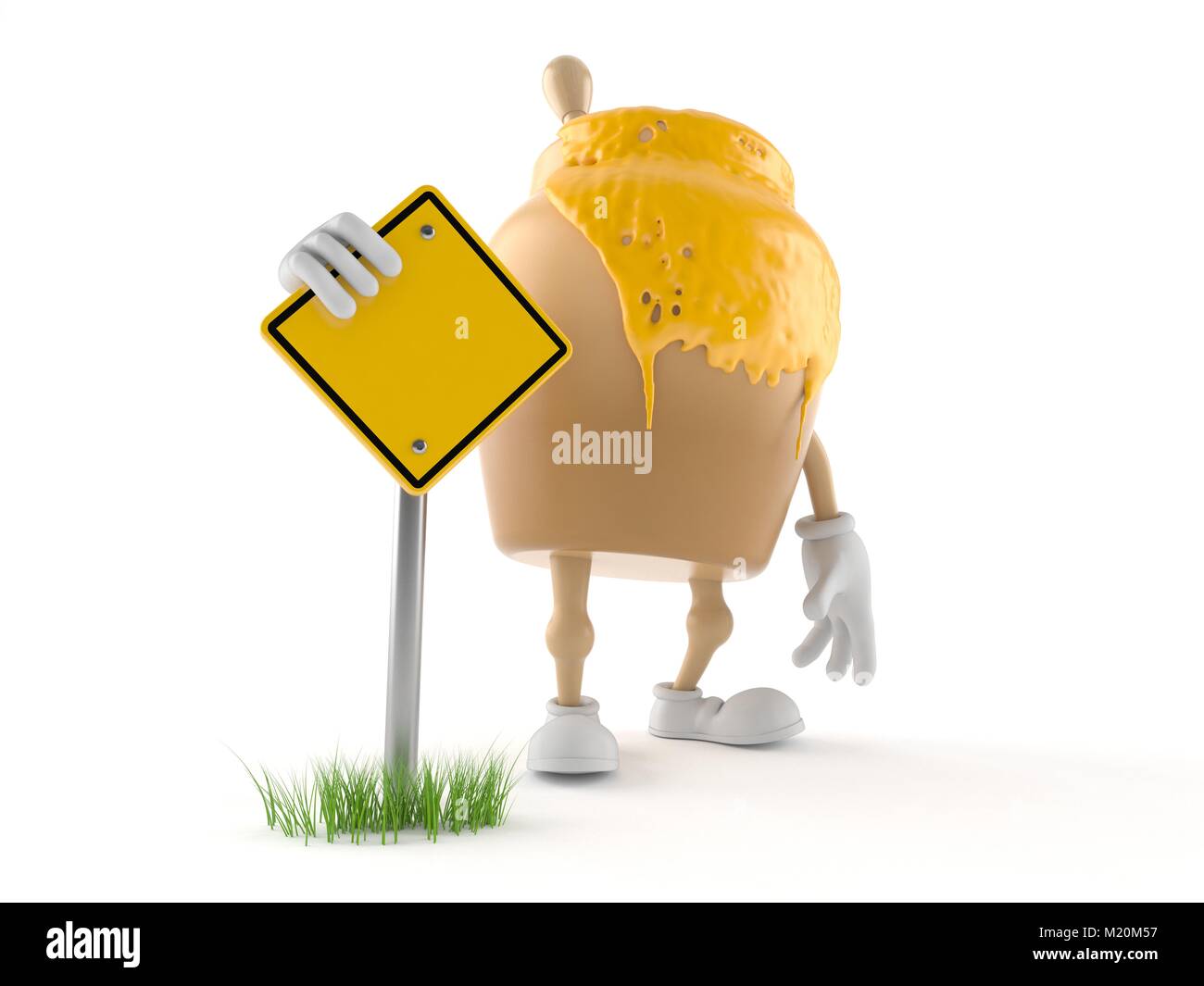 Honey jar character with blank road sign isolated on white background ...