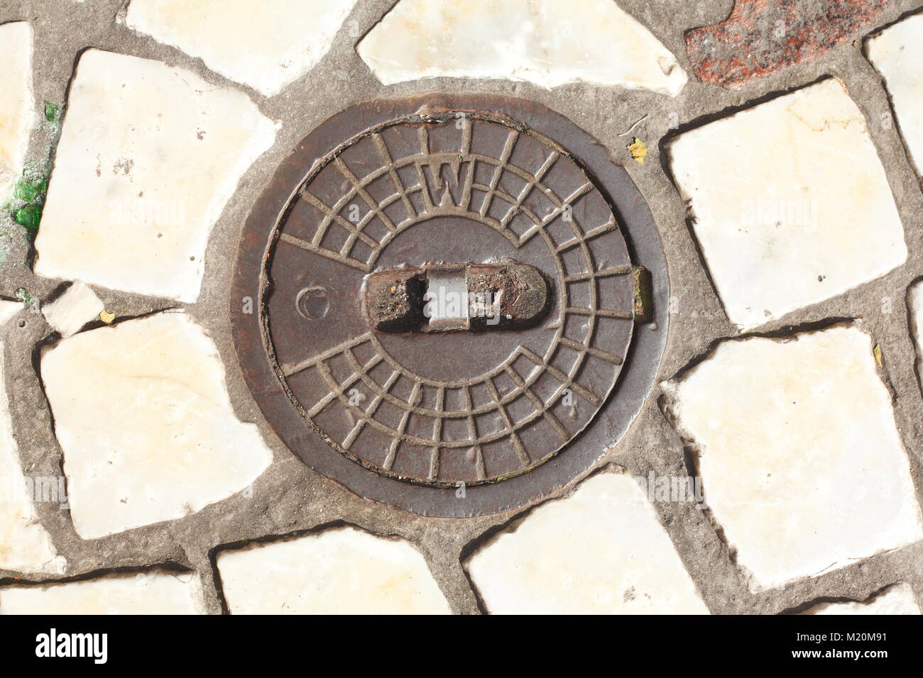 grey round fire hydrant lid with white paving stones on the bottom ...
