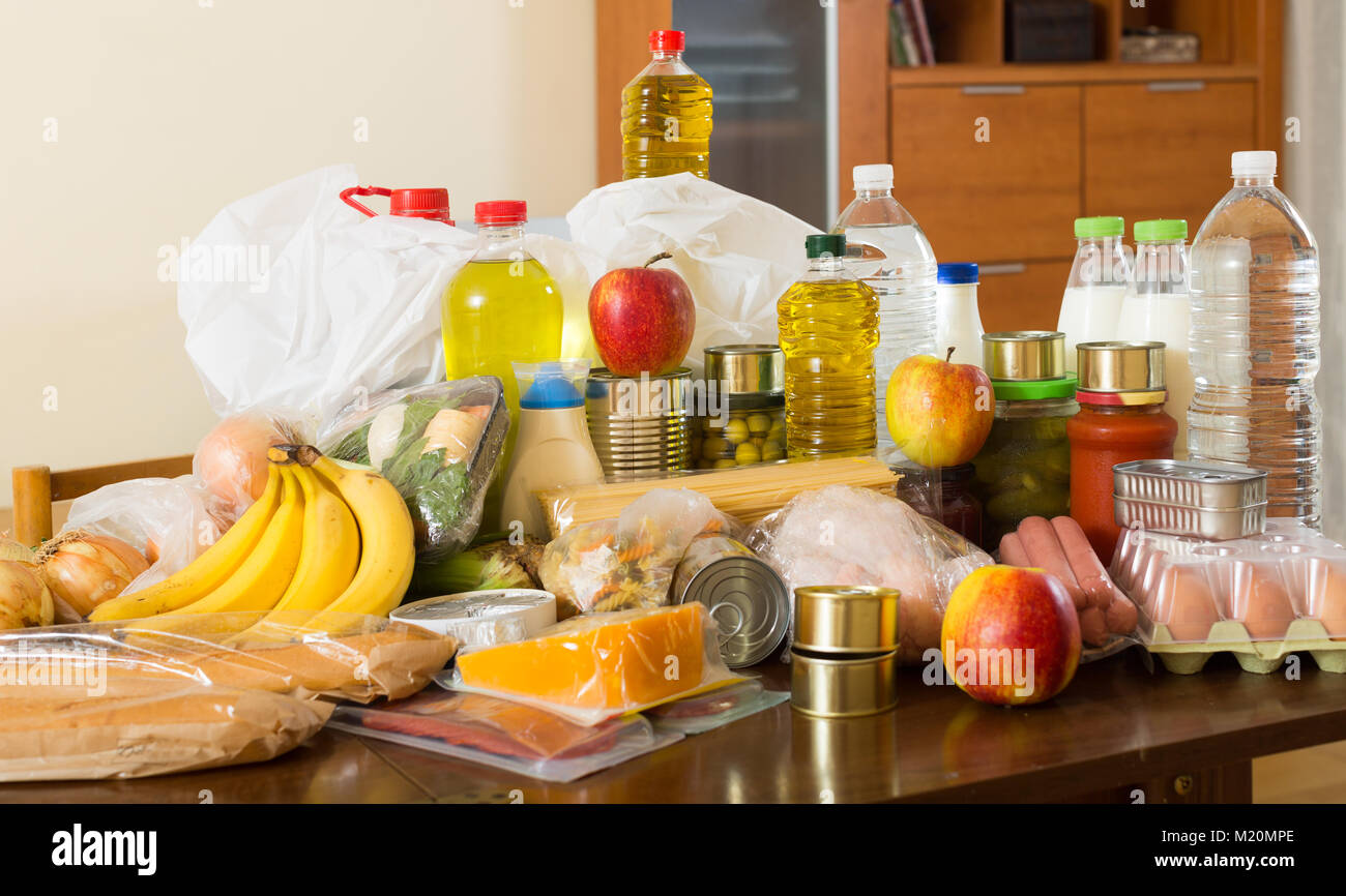 Still life with foodstuffs of supermarket on the table Stock Photo - Alamy