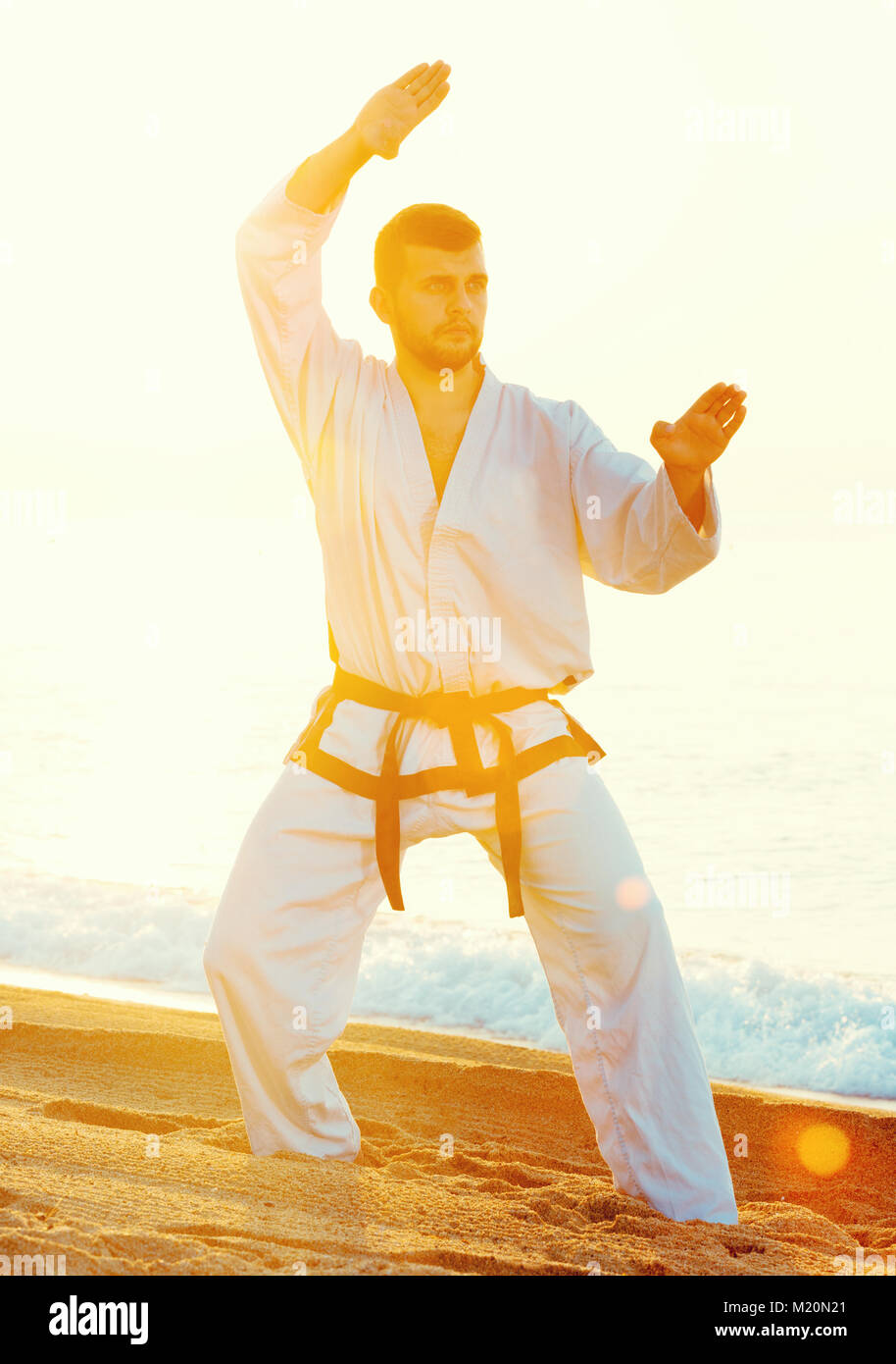 young man practicing karate positions at ocean quay Stock Photo - Alamy