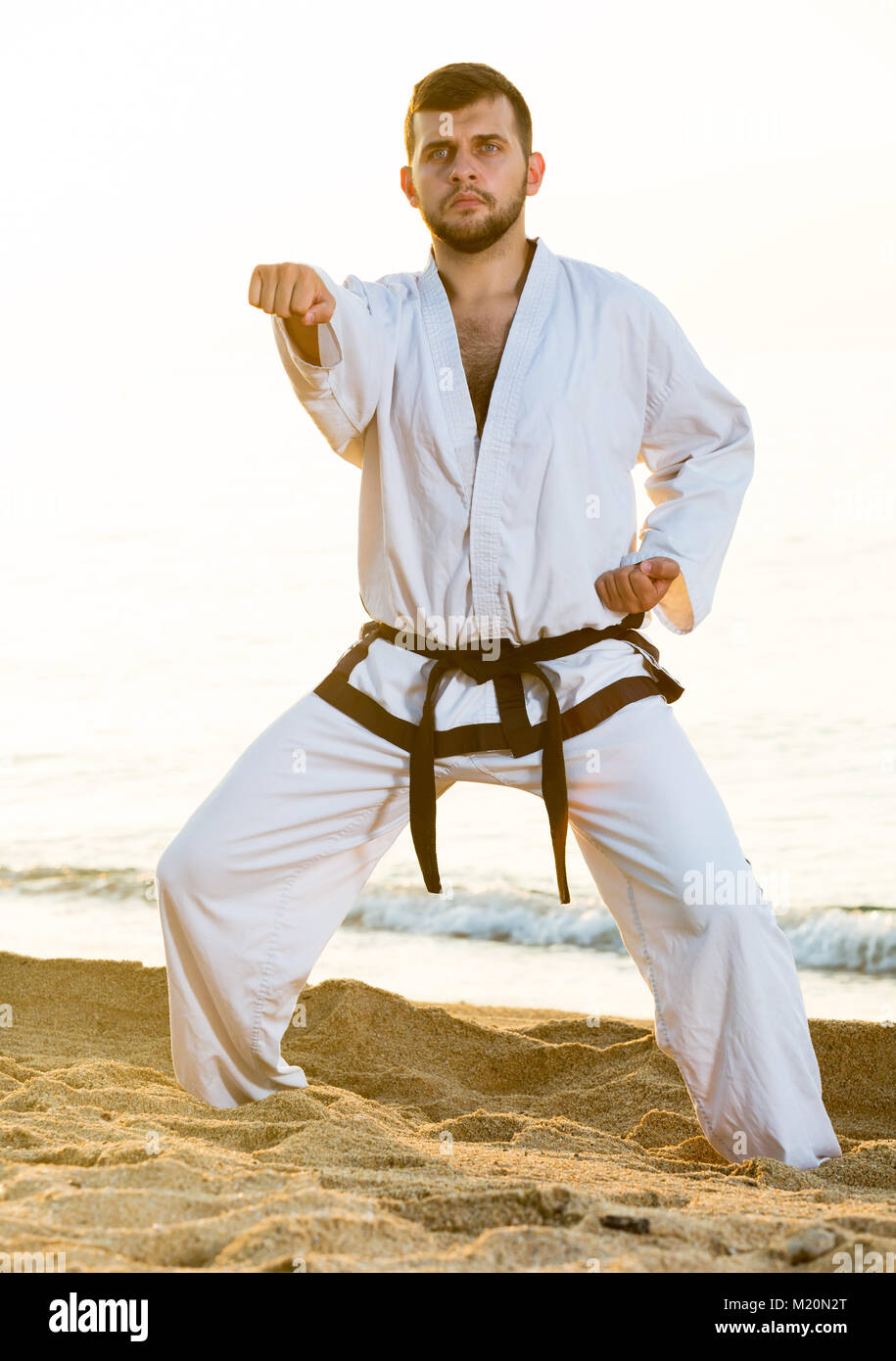 Young guy practising karate poses at seaside in sunny morning outdoor ...
