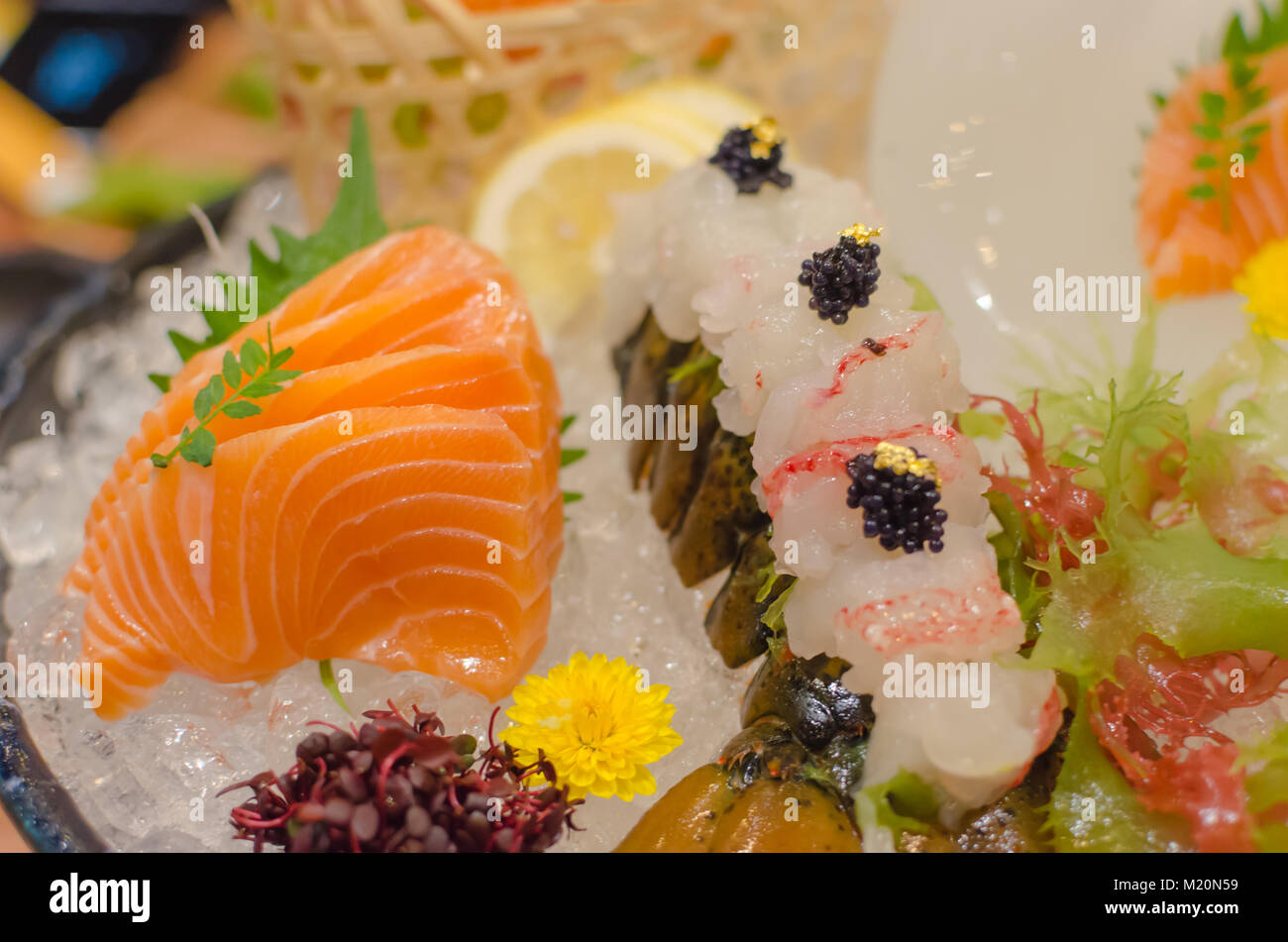 Japanese food. sushi sashimi salmon.A delicious freshly lobster sashimi ...