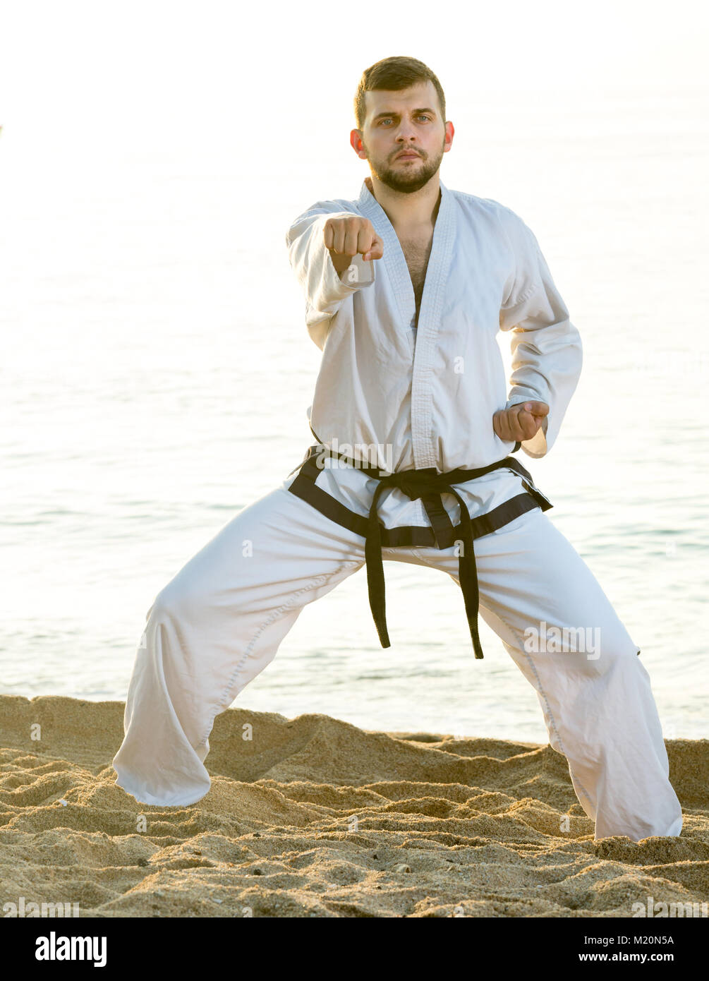 young man practicing karate positions at ocean quay in sunset Stock ...
