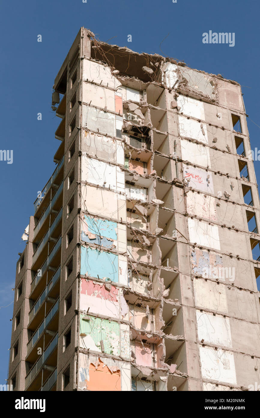 1960s system-built tower block in the process of being demolished at ...