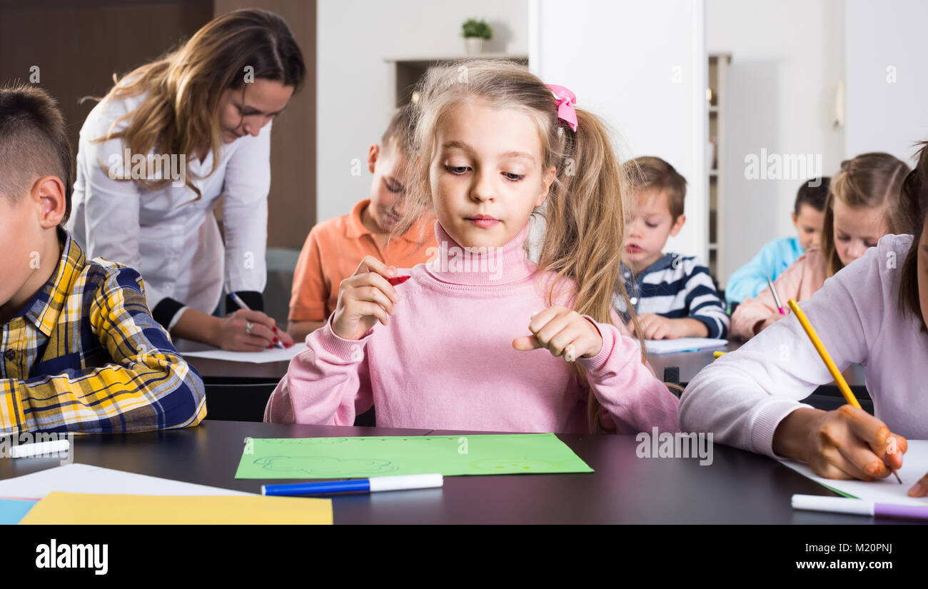 happy european children of elementary age having class of art Stock ...