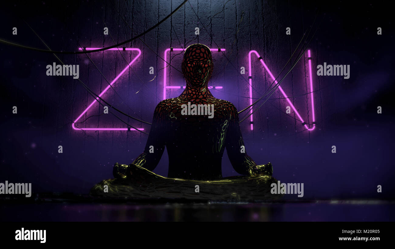 bio tech cyberpunk human figure sitting in lotus on urban futuristic ...