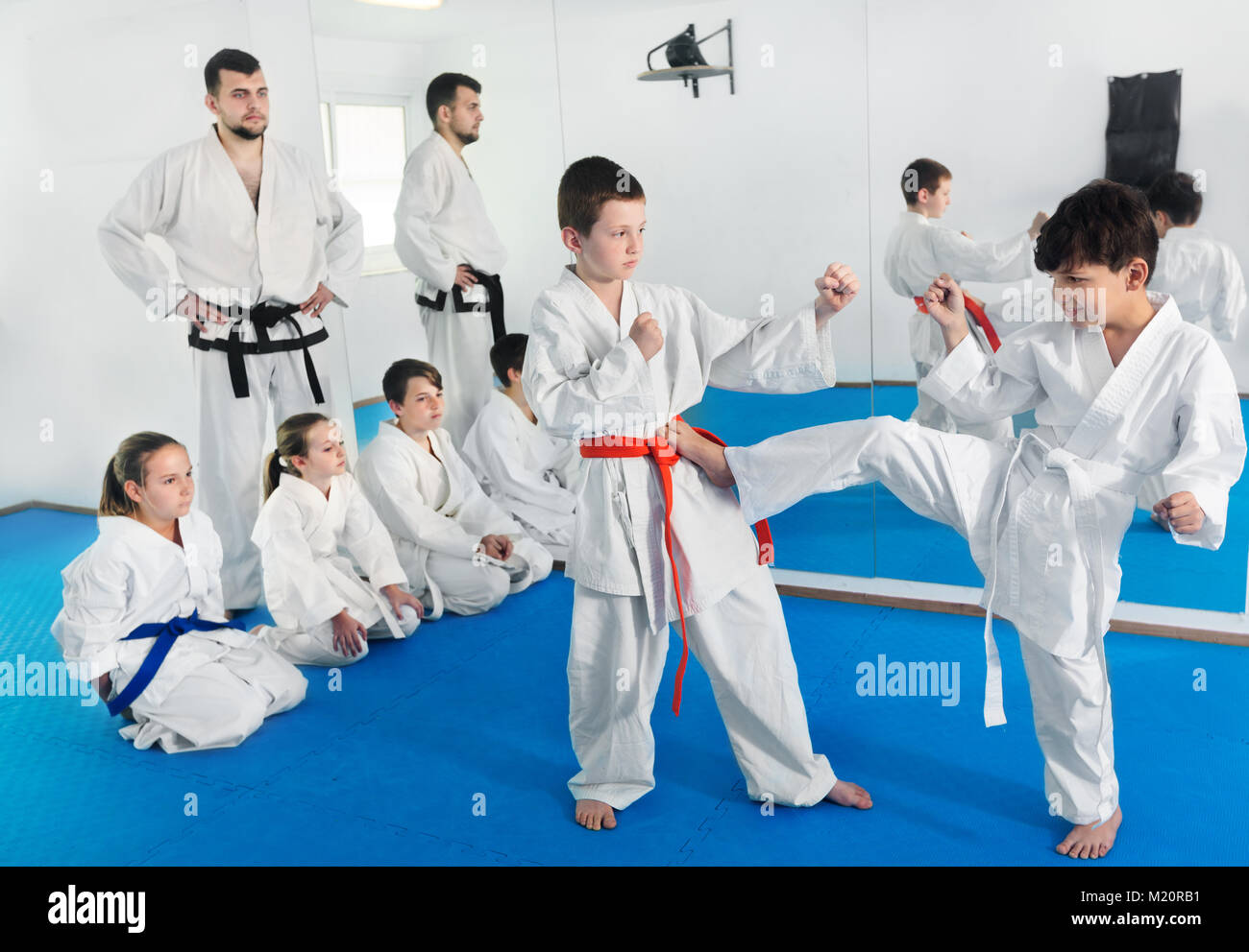 Pair of little boys practicing new karate moves during class in gym ...