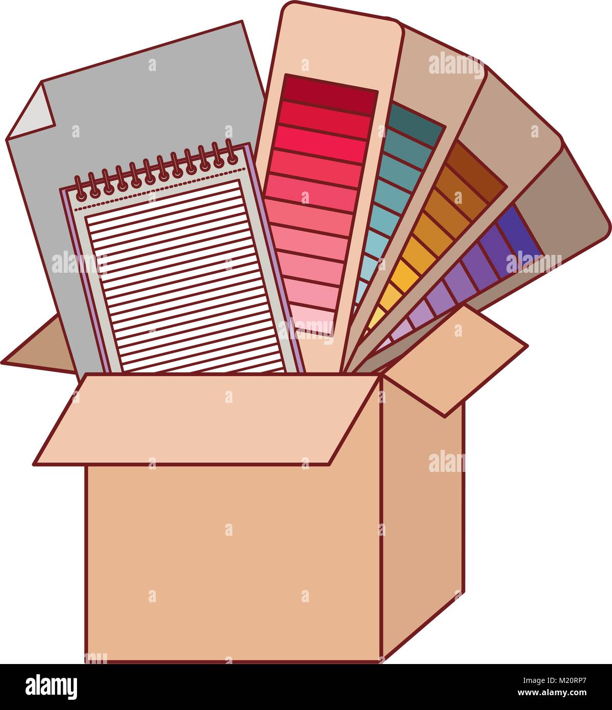 cardboard box and color palette guide and notebook and sheet blank in ...