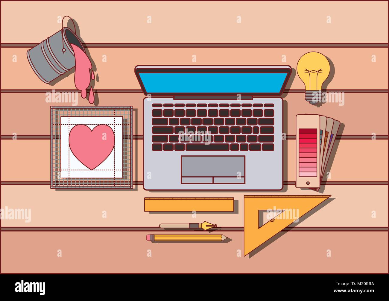 laptop computer and drawing tools over desk on top view in colorful ...