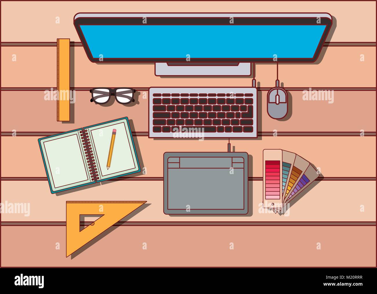 desktop computer and drawing tools over desk on top view in colorful ...