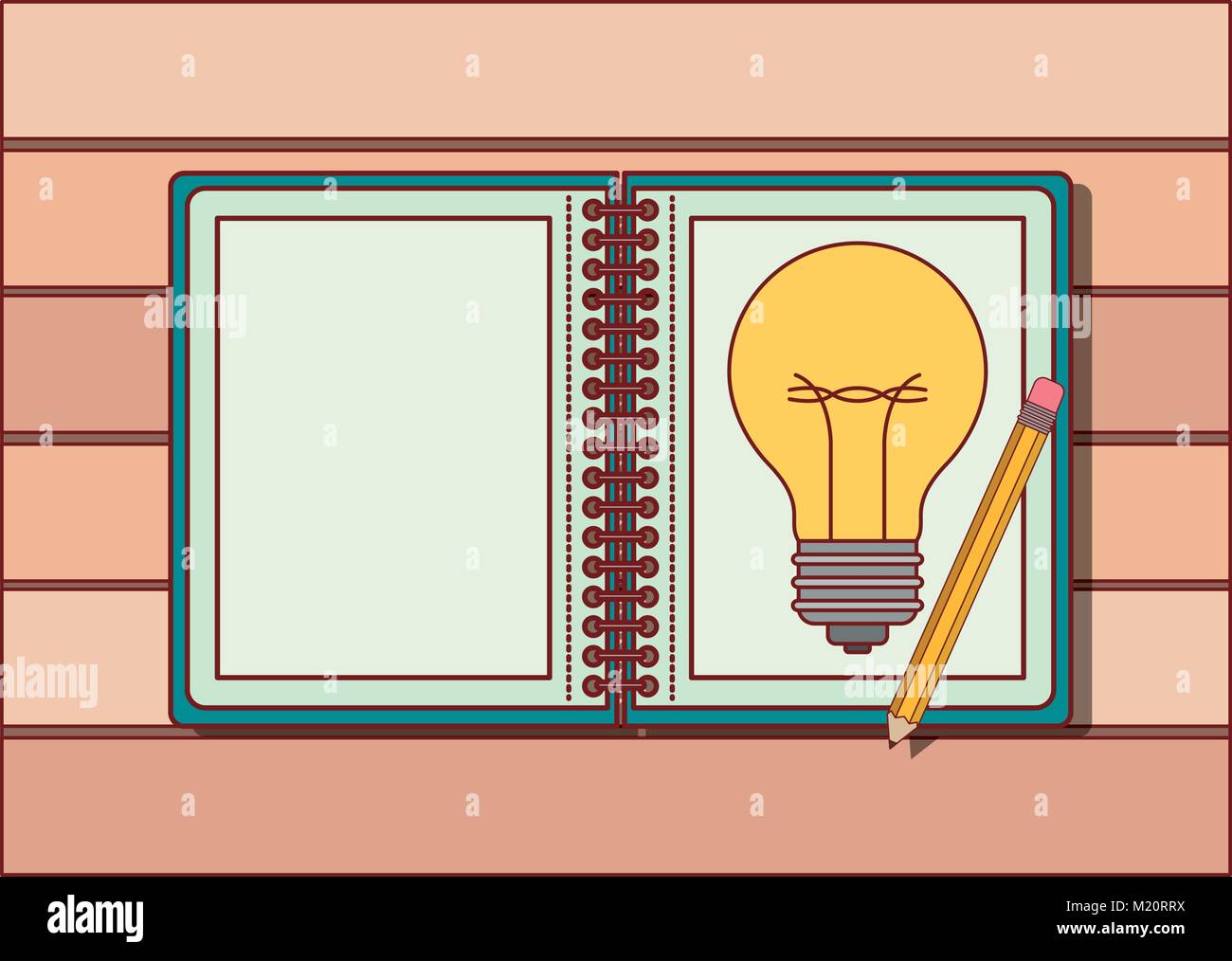 spiral notebook with light bulb in sheet and pencil over desk on top ...