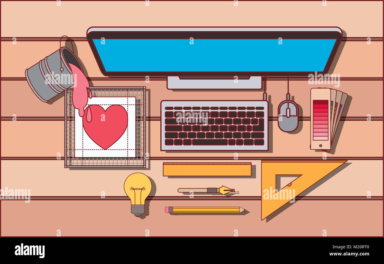 desktop computer and drawing tools over desk on top view in colorful ...