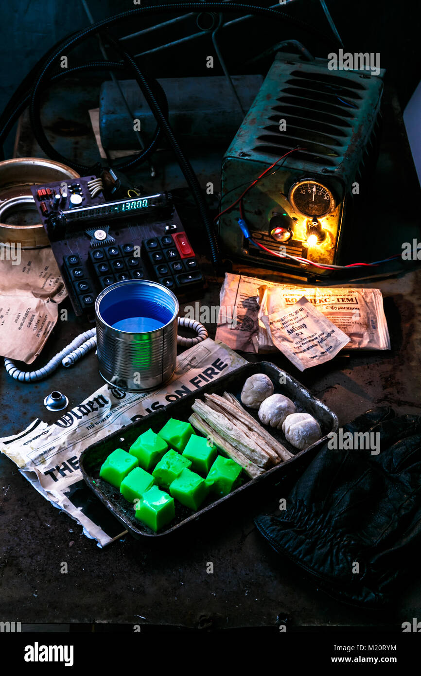 Post apocalypse food with grunge background Stock Photo - Alamy