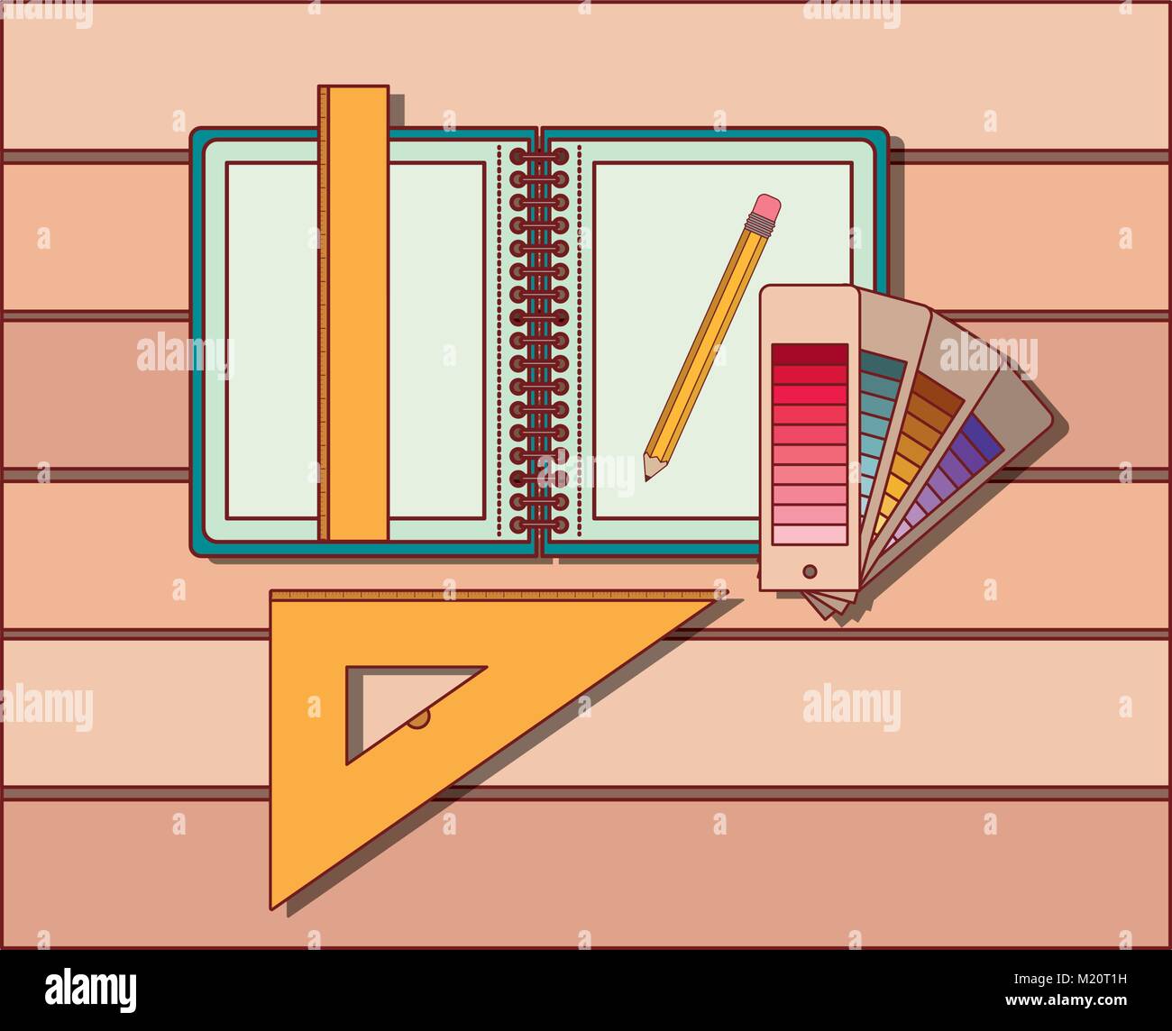 drawing tools and notebook over table top view in colorful silhouette ...