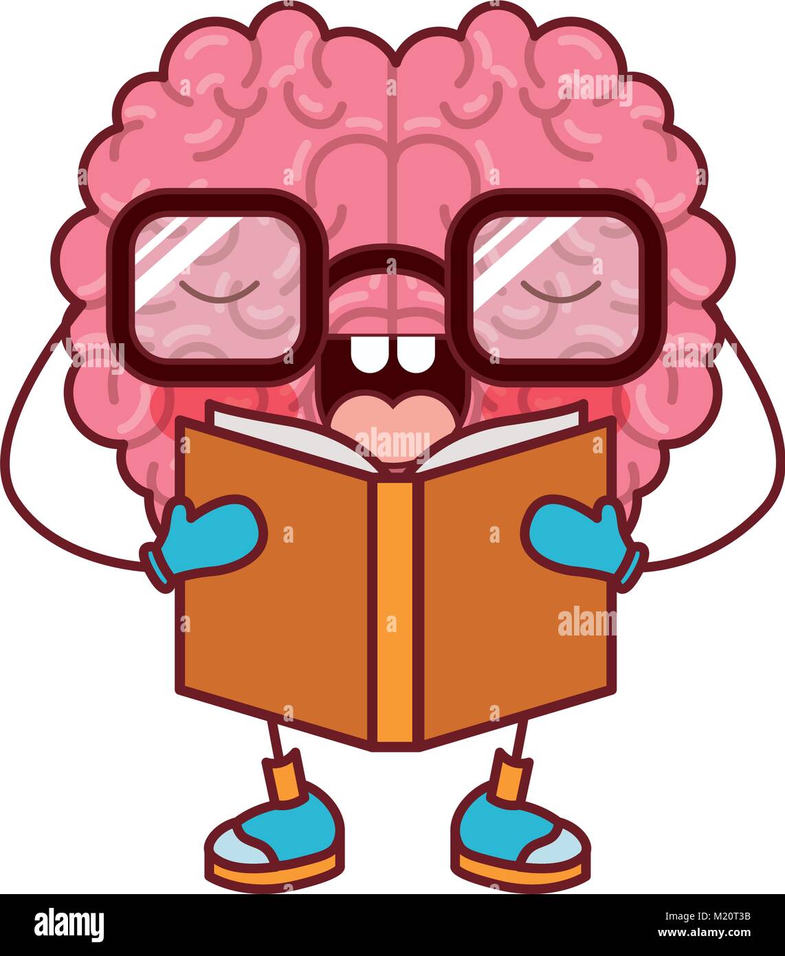 brain cartoon with glasses and book and concentrated expression in ...