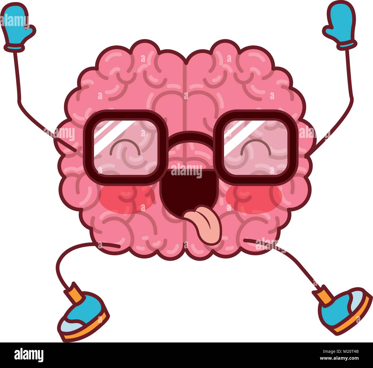 brain cartoon with glasses jumping for joy in colorful silhouette with ...