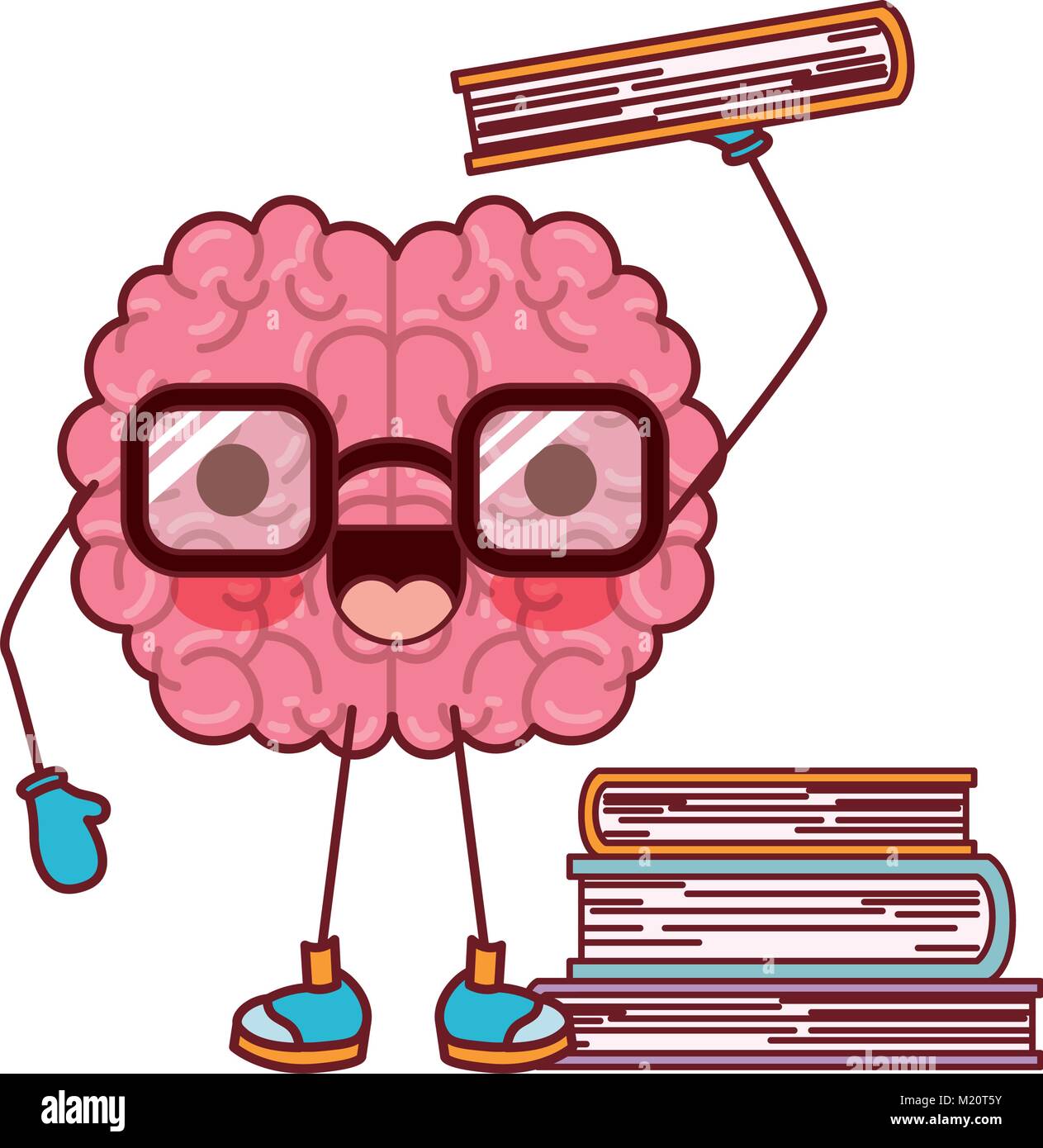 brain cartoon with glasses and learning books in colorful silhouette ...