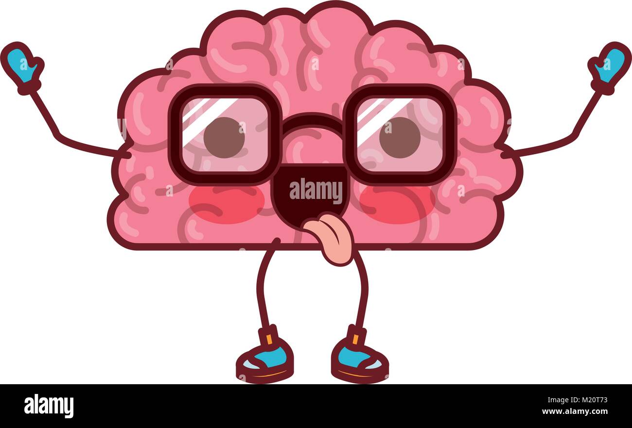 brain cartoon with glasses and funny expression in colorful silhouette ...