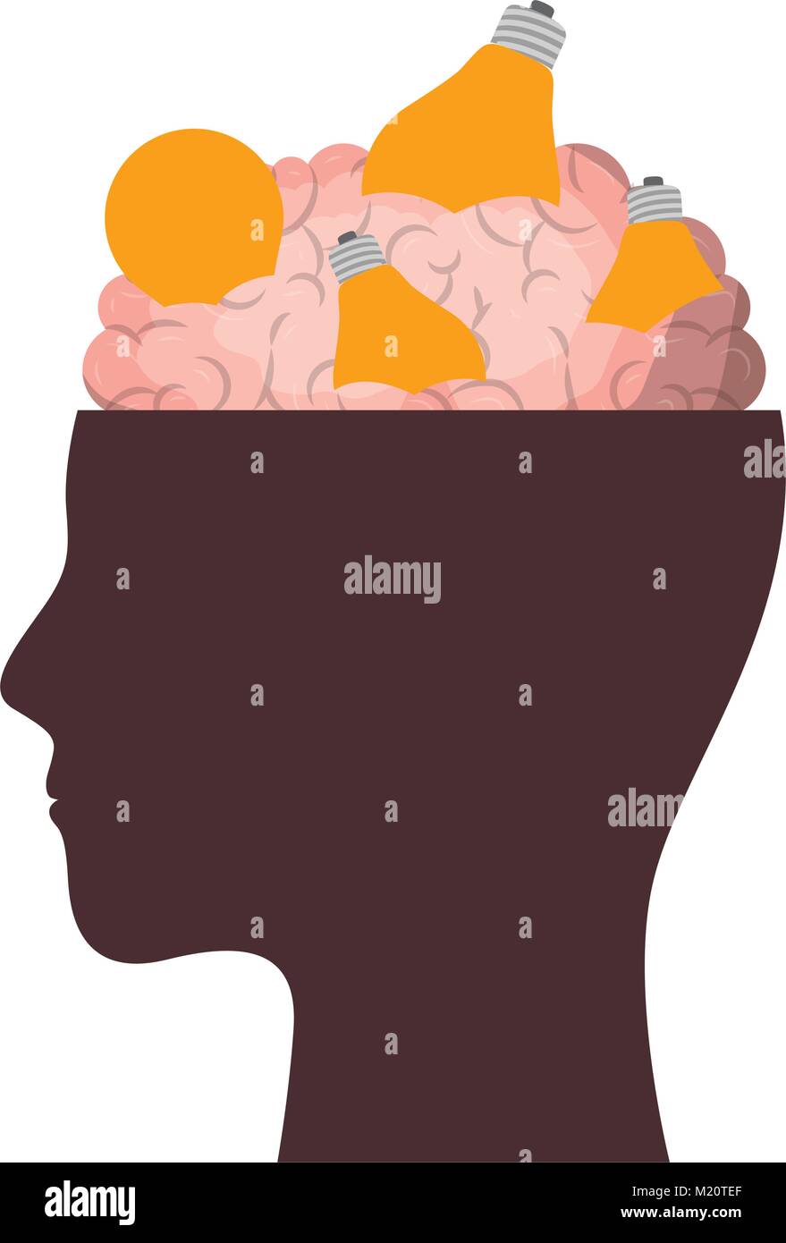 human face brown silhouette with brain exposed with light bulbs in ...