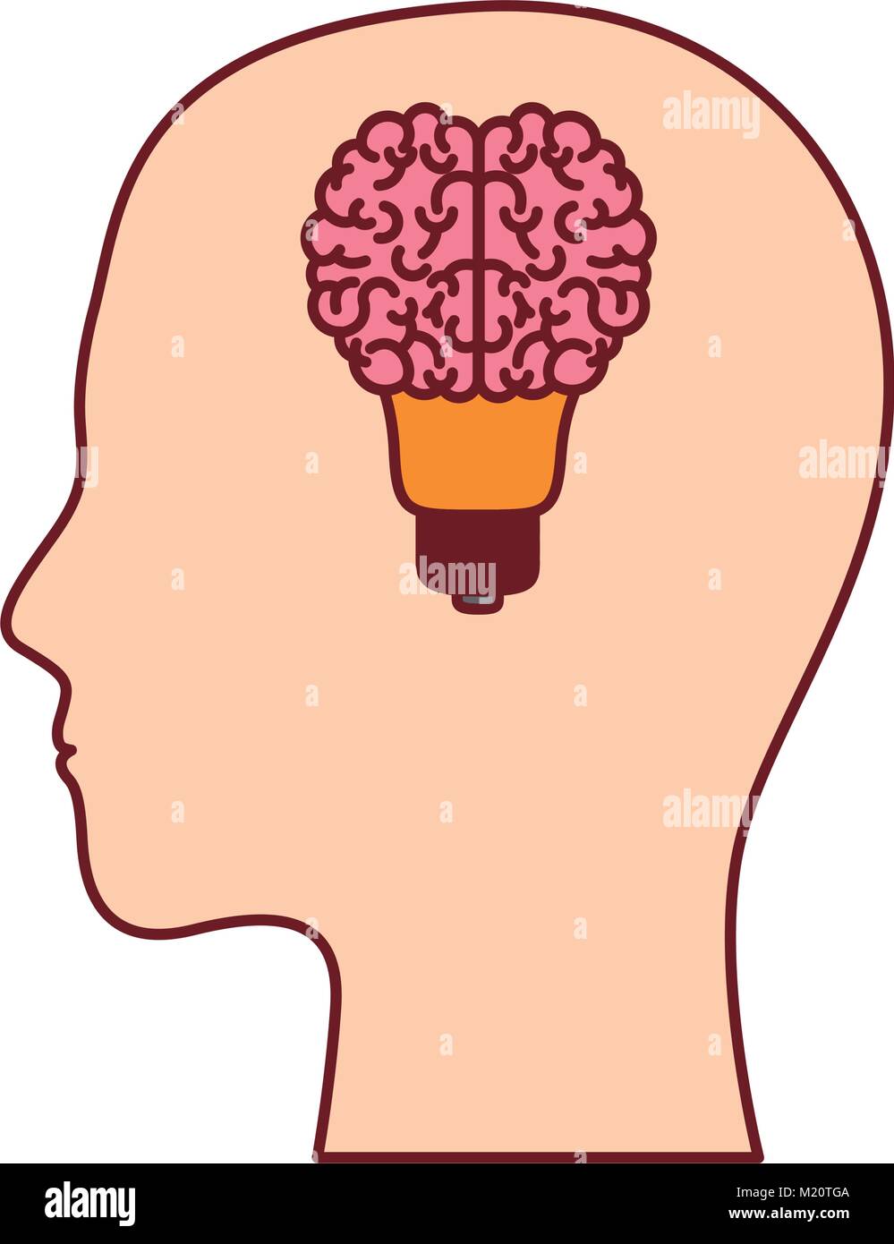 human face silhouette with brain in shape bulb on top in colorful ...