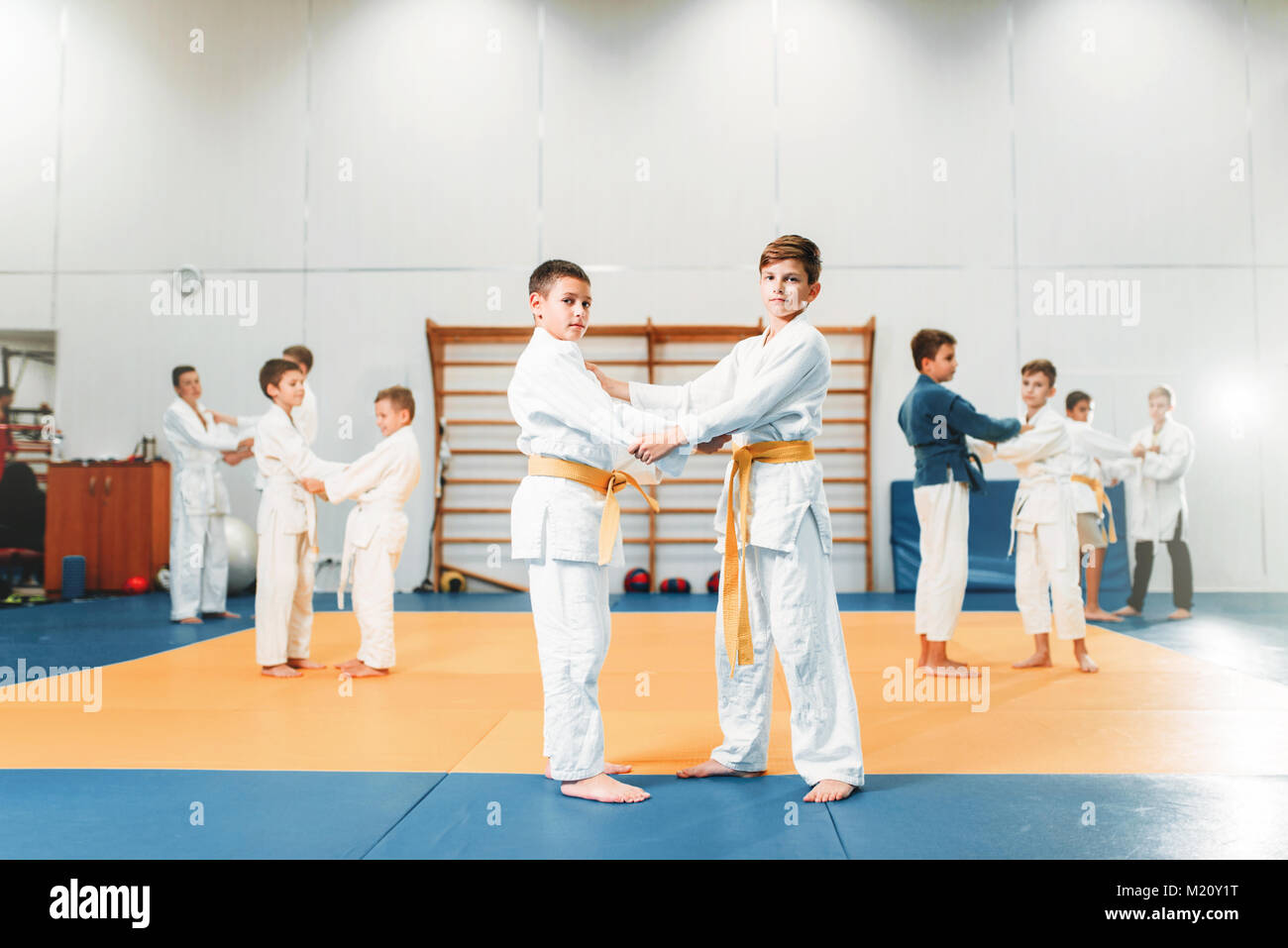 Kid judo, childrens training martial art in hall. Little boys in ...