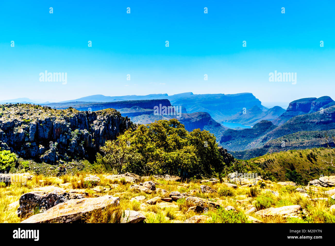 View of the highveld and the Blyde River Dam in the Blyde River Canyon ...