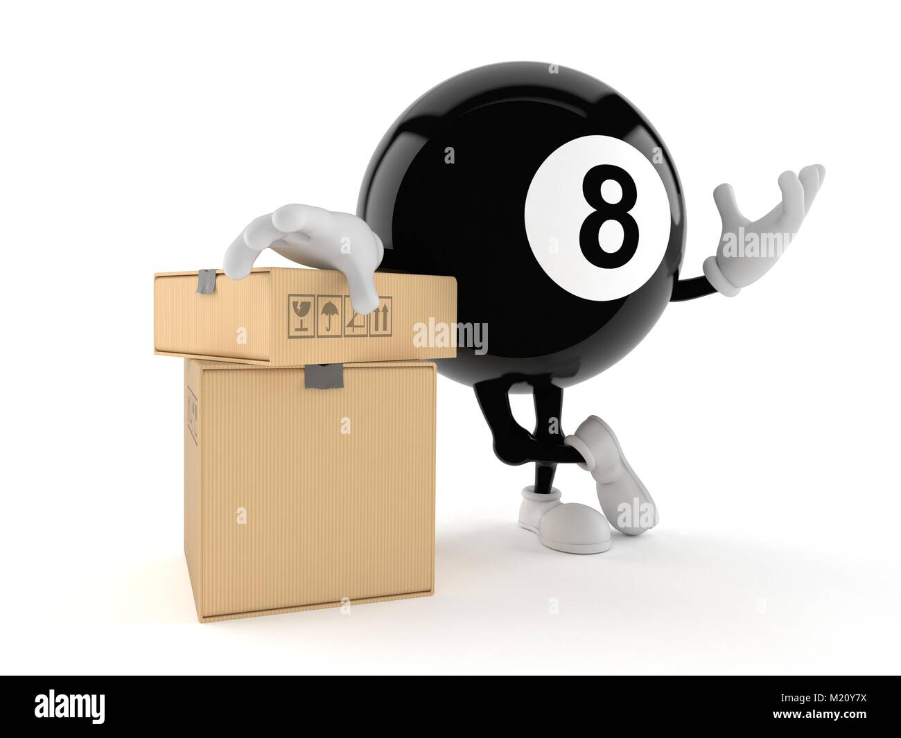 Eight ball character with stack of boxes isolated on white background ...