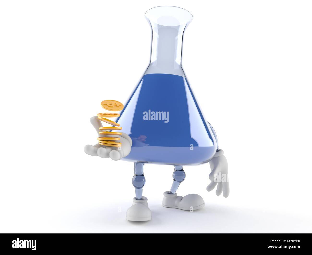Chemistry flask character with coins isolated on white background Stock ...