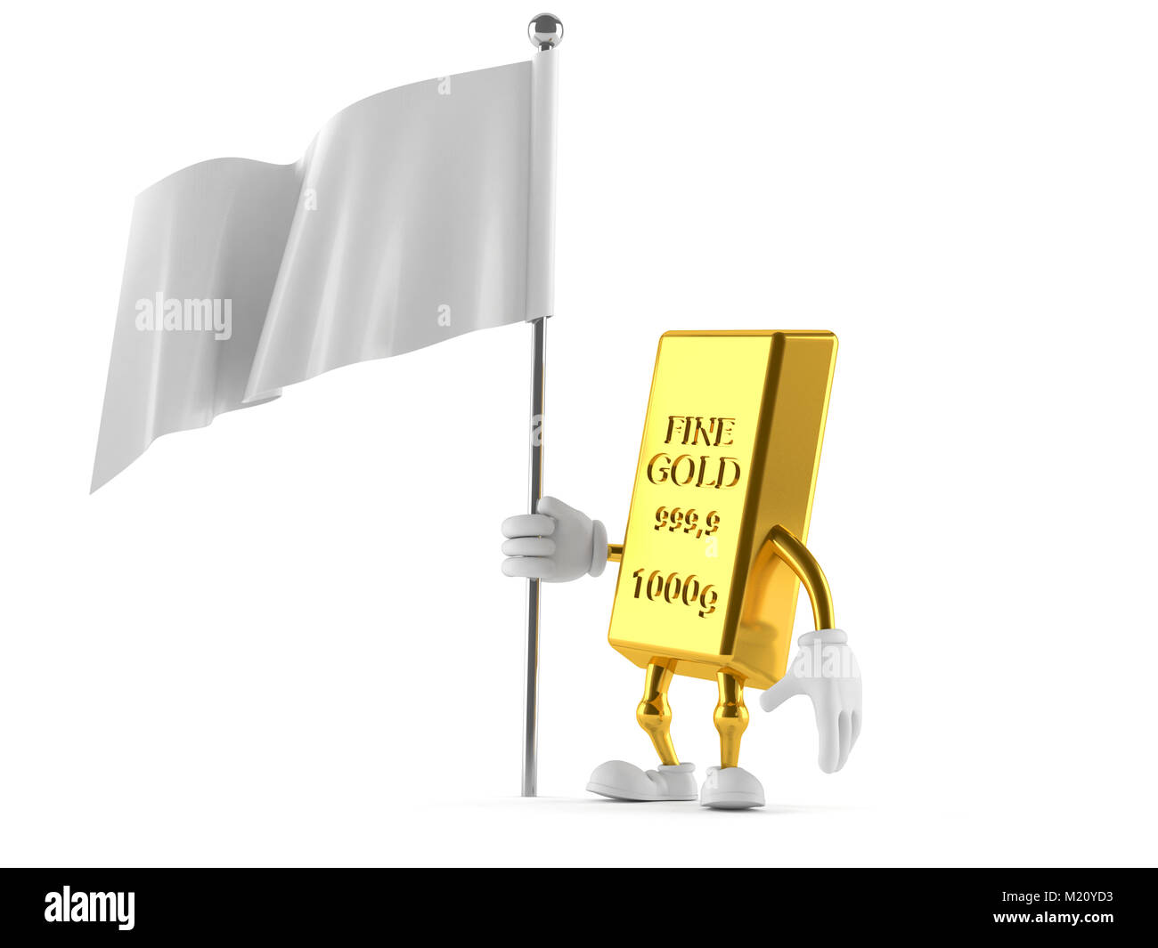 Gold character holding white flag isolated on white background Stock ...