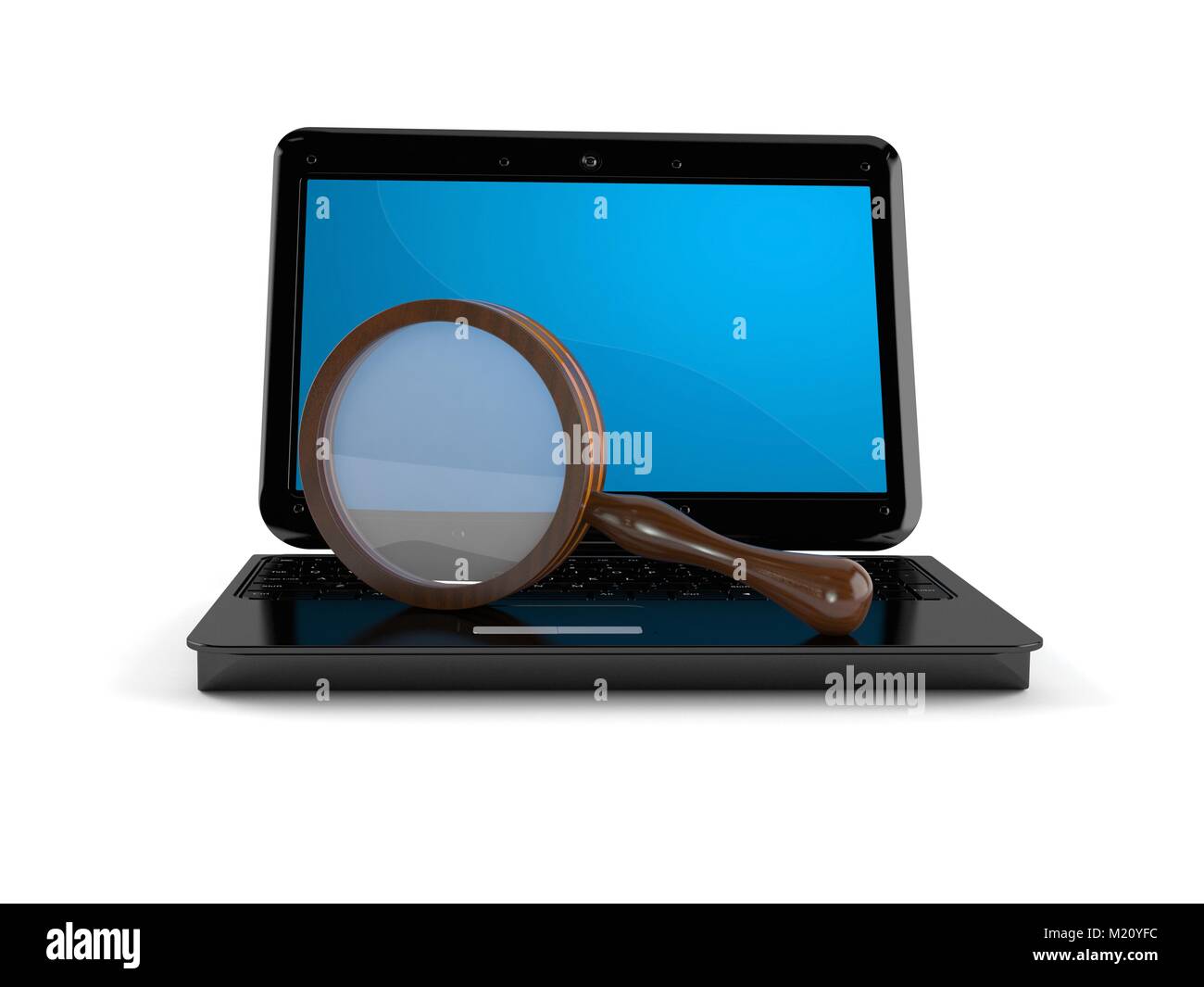 Laptop with magnifying glass isolated on white background Stock Photo ...