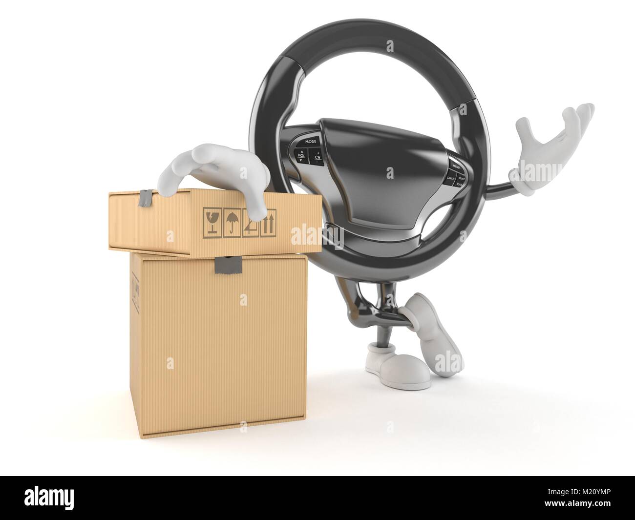 Car steering wheel character with stack of boxes isolated on white ...