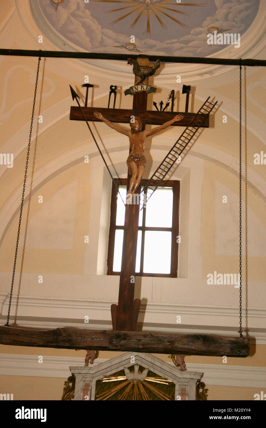 Large wooden cross inside church in Ravascletto, Italy Stock Photo - Alamy