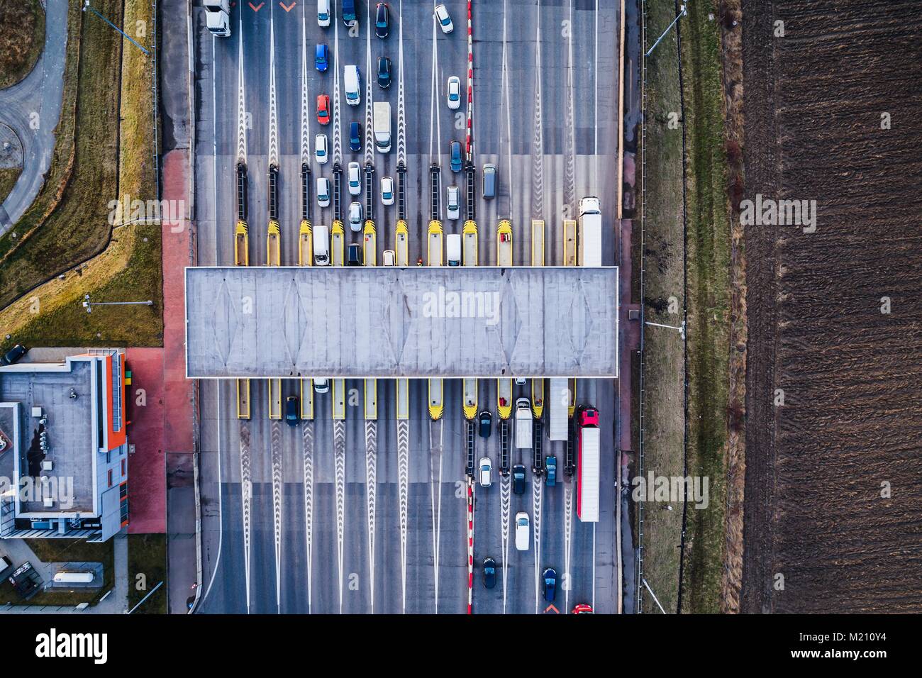 Aerial drone view on toll collection point on the motorway Stock Photo ...
