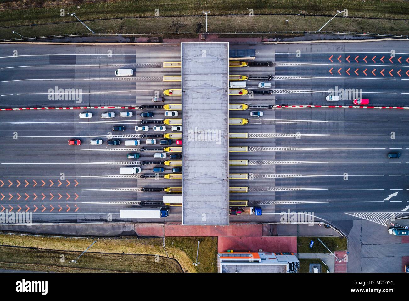 Aerial drone view on toll collection point on the motorway Stock Photo ...