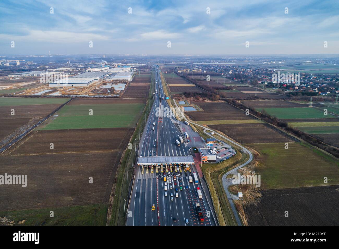Aerial drone view on toll collection point on the motorway Stock Photo ...